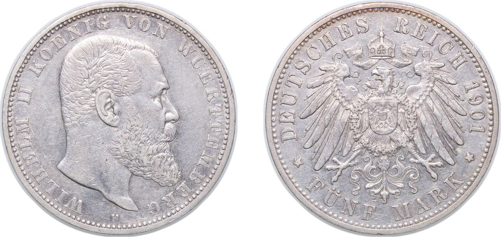 Germany Kingdom of Württemberg German states 1901 F 5 Mark - William II ...