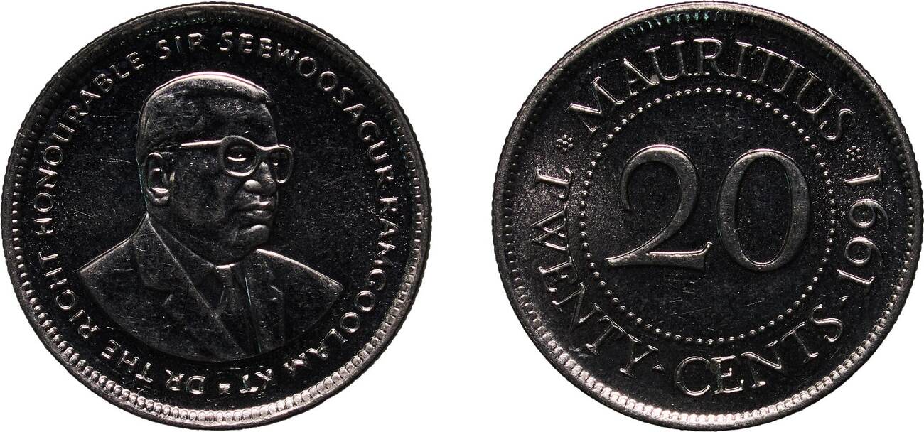 Mauritius 1991 20 Cents Nickel plated steel 2.94g BU KM 53 Schön 53 ...