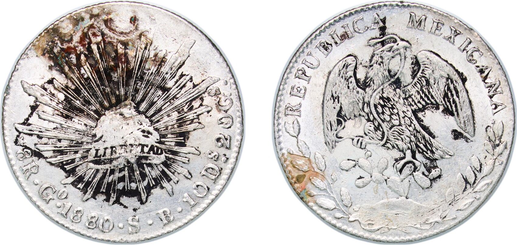 1880 Go SB Guanajuato Mint Mexico Federal Republic 1880 Go SB 8 Reales Chinese Ink Chopmarked ...