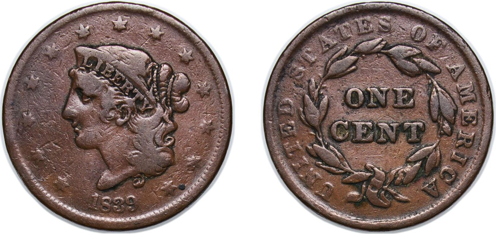 1839 United States Mint o United States Federal republic 1839 1 Cent ...