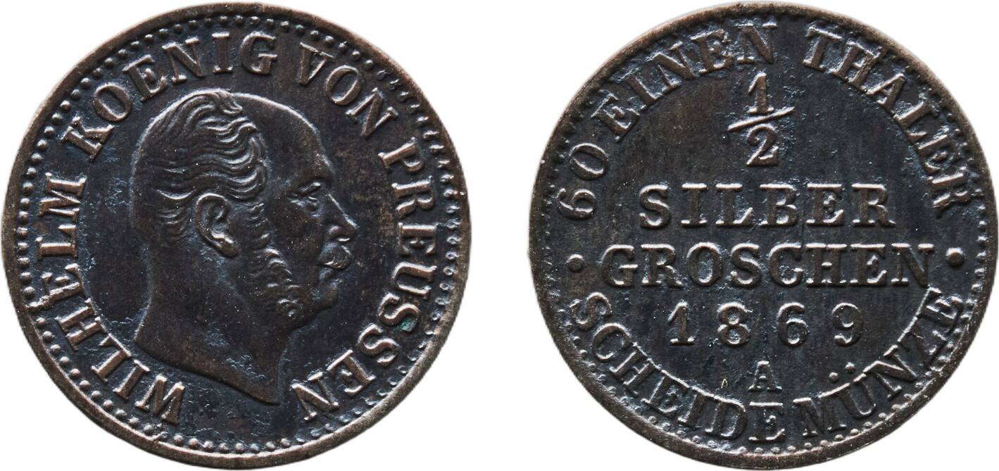 1869 A Berlin Mint Germany Kingdom of Prussia 1869 A ½ Silbergroschen ...