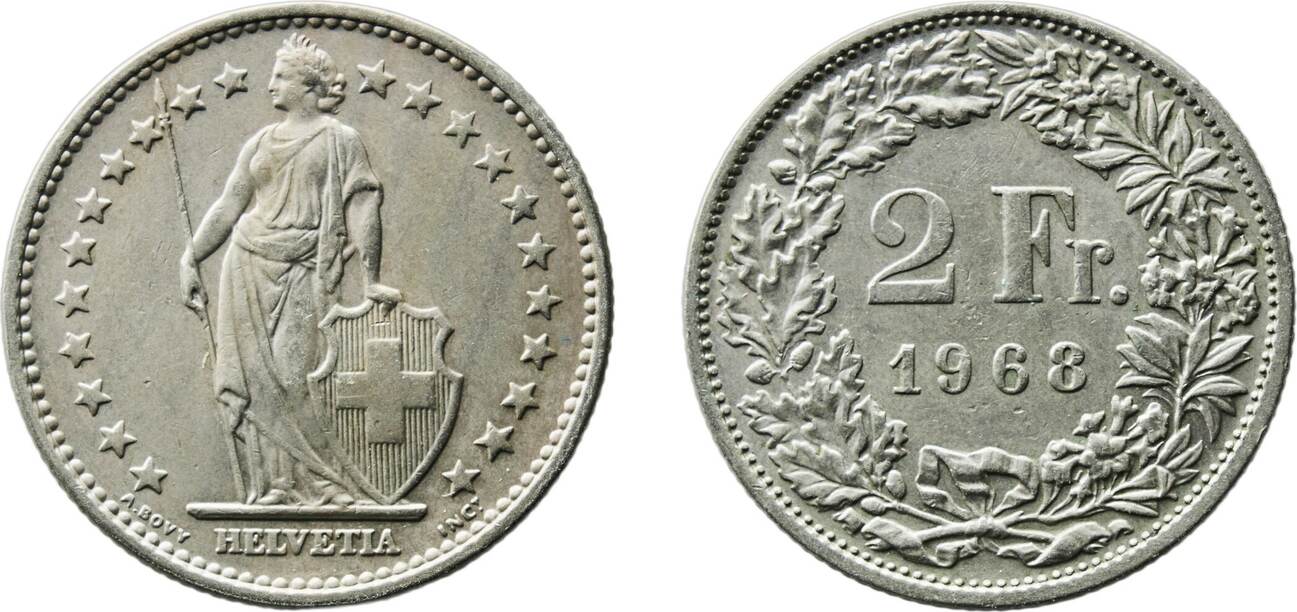 1968 Bern Mint Switzerland 1968 2 Francs (Helvetia standing; copper ...
