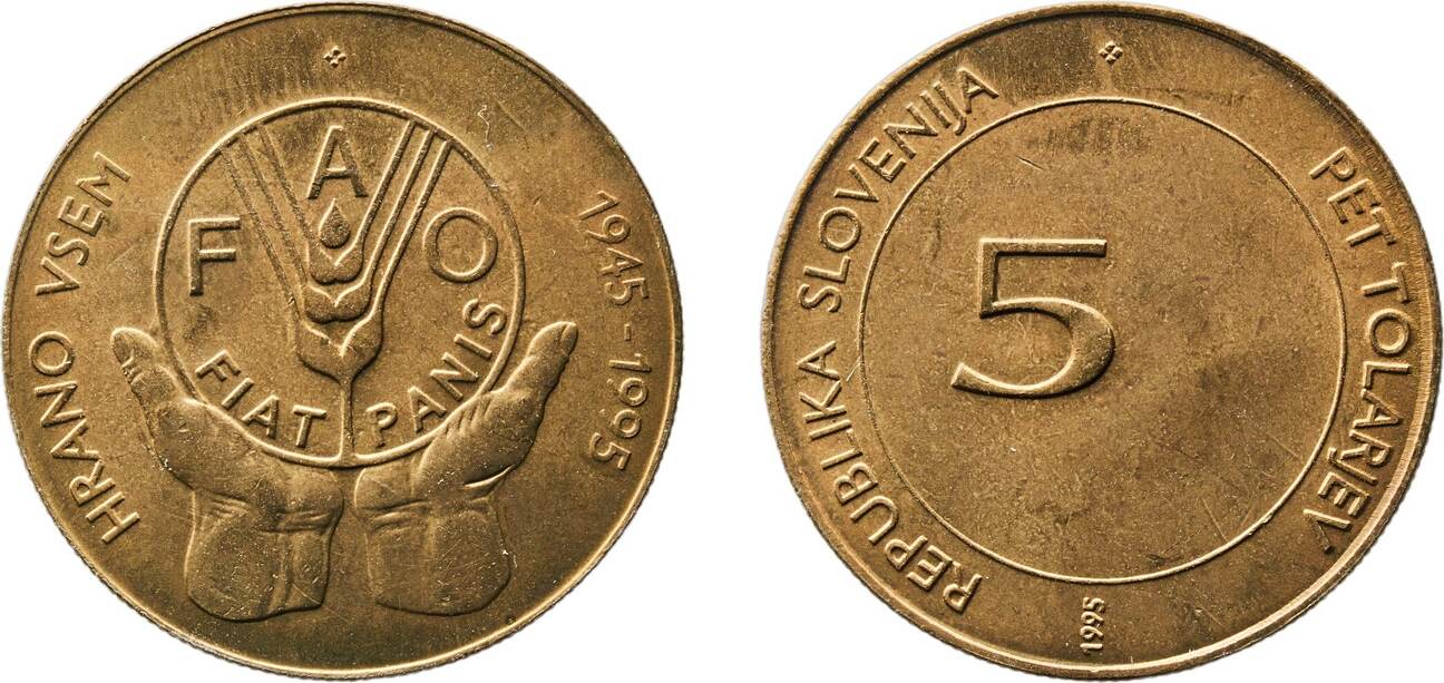 1995 Kremnica / Körmöcbán Slovenia 1995 5 Tolarjev (FAO) Nickel brass (78% Copper, 20% Zinc, 2% ...