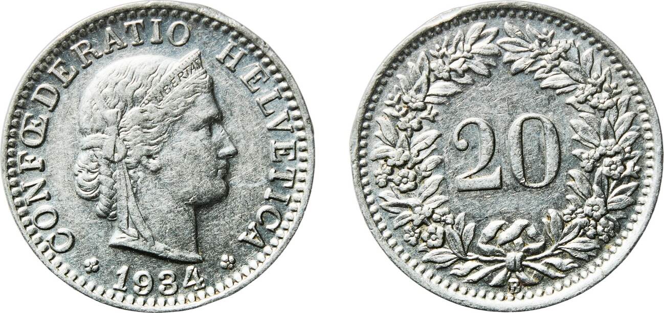 1934 B Bern Mint Switzerland Federal State 1934 B 20 Rappen (Libertas; nickel) Nickel (magnetic ...