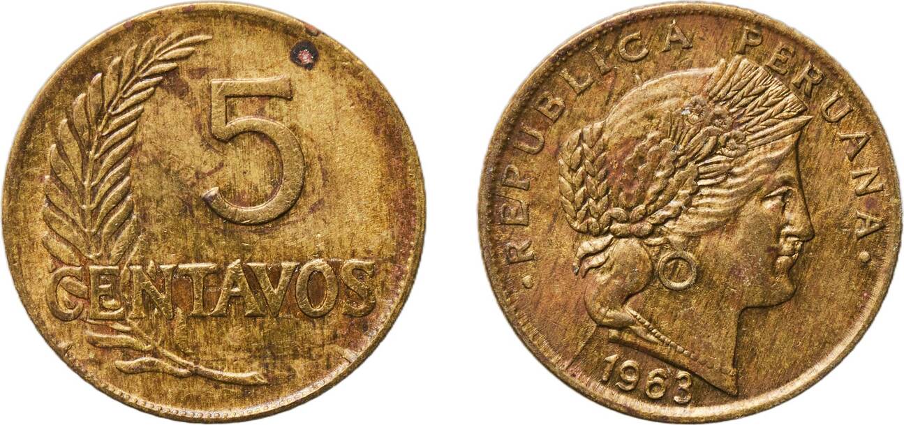 1963 Lima Mint Peru Republic 1963 5 Centavos Brass (70% Copper, 30% ...