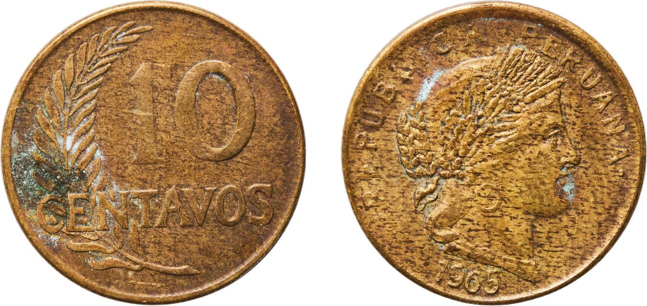 1965 Lima Mint Peru Republic 1965 10 Centavos Brass (70% Copper, 30% ...
