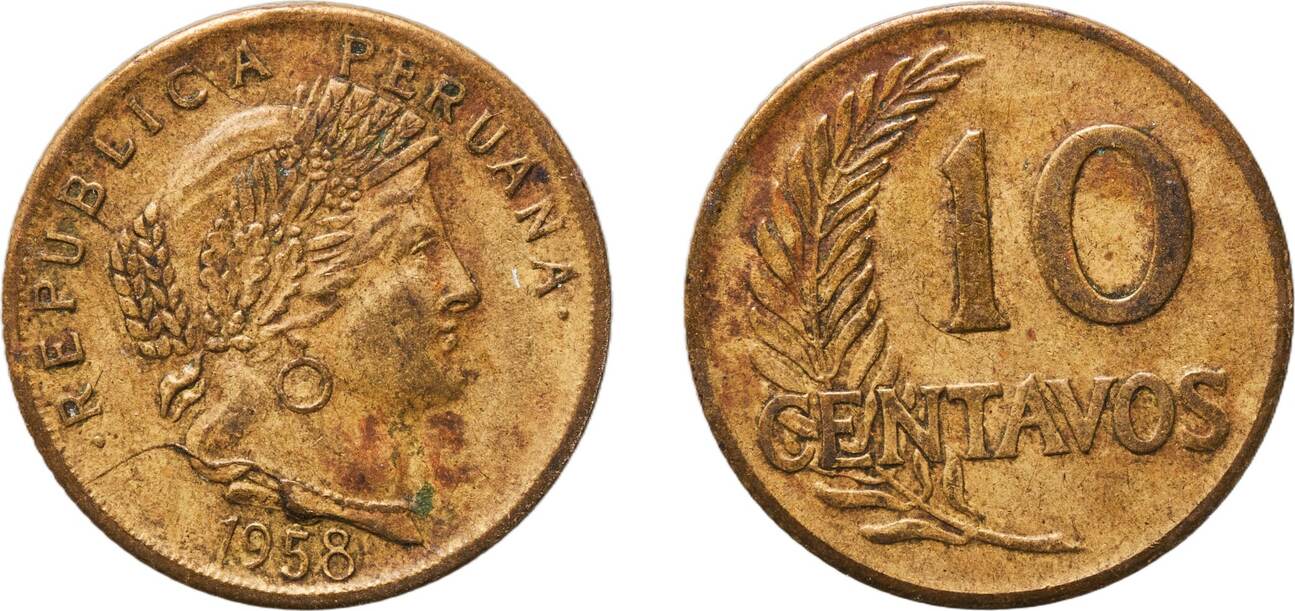1958 Lima Mint Peru Republic 1958 10 Centavos Brass (70% Copper, 30% ...