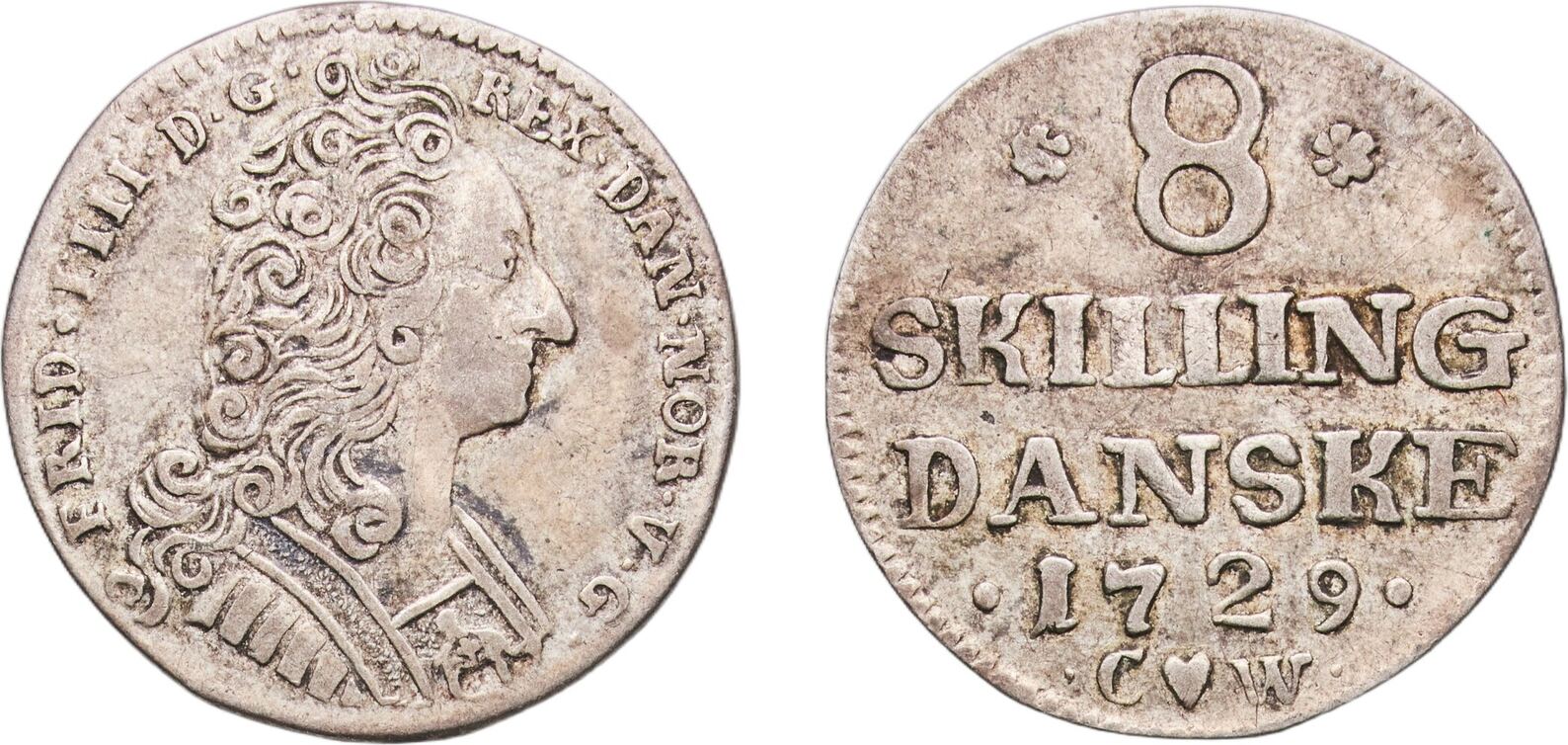 1729 CW Copenhagen Mint Denmark Kingdom 1729 CW 8 Skilling Dansk ...