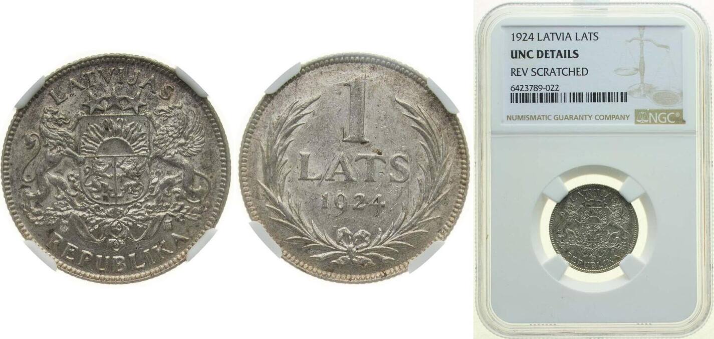 1924 Royal Mint (Tower Hill) Latvia Republic 1924 1 Lats Silver (.835) Royal Mint (Tower Hill ...