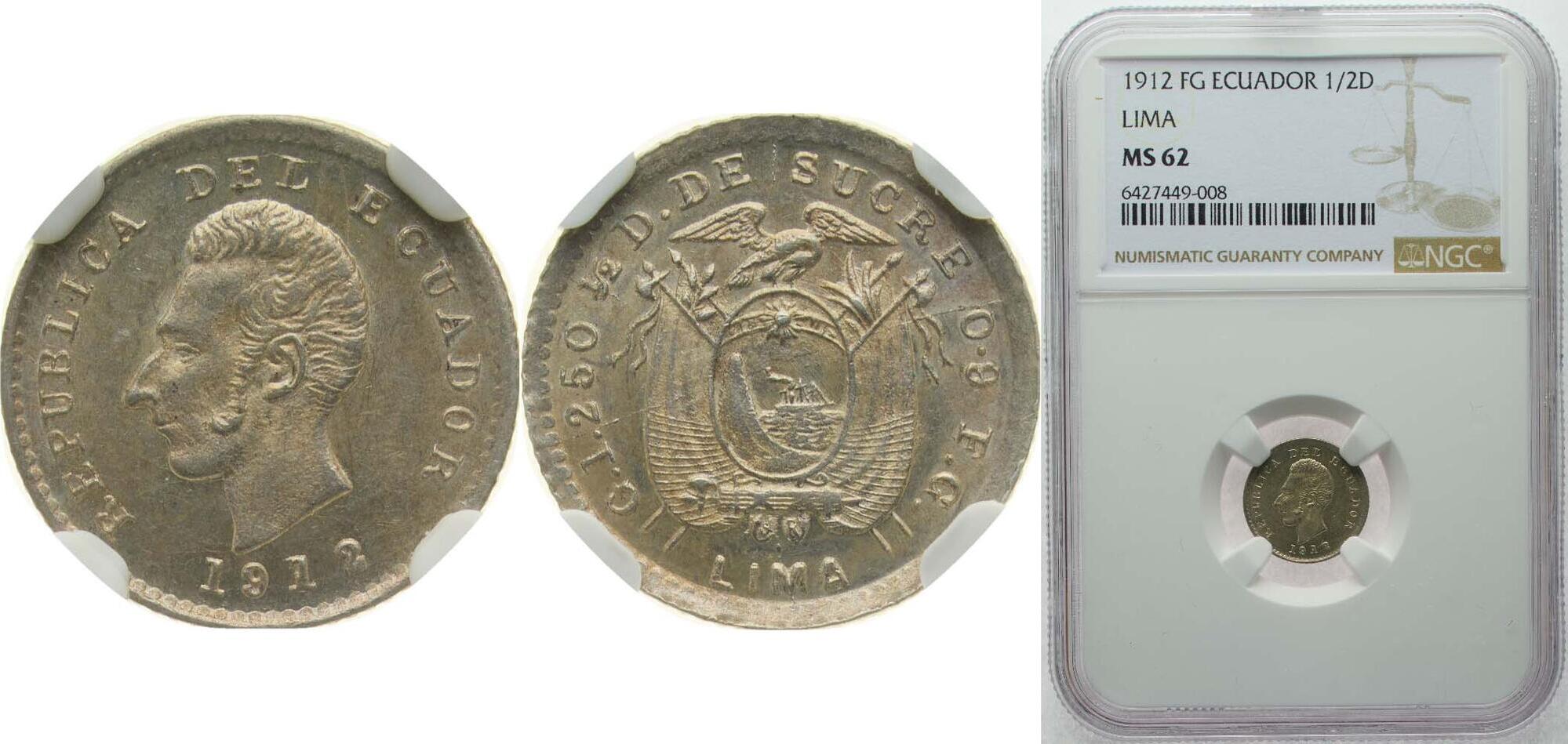 1912 LIMA FG Lima Mint Ecuador Republic 1912 LIMA FG ½ Décimo Silver ...