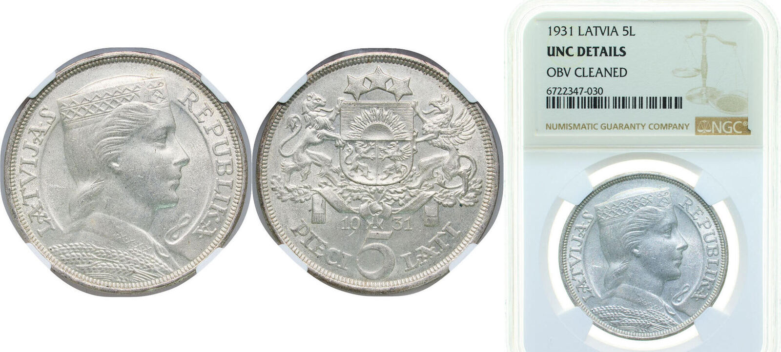 Latvia 1931 5 Lati Silver (.835) (2000000) 25g NGC UNC KM 9 Schön 9 ...