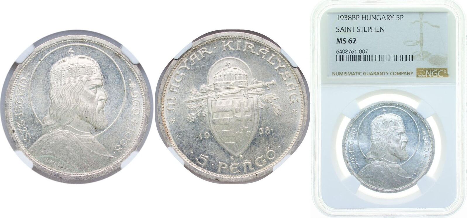 5 Pengos Hungary 1938 BP 5 Pengő - Miklós Horthy (Death of St. Stephen ...