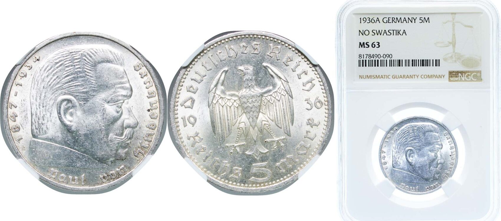 1936 A Berlin Mint Germany Germany - 1871-1948 Third Reich 1936 A 5 Reichsmark (Paul von ...
