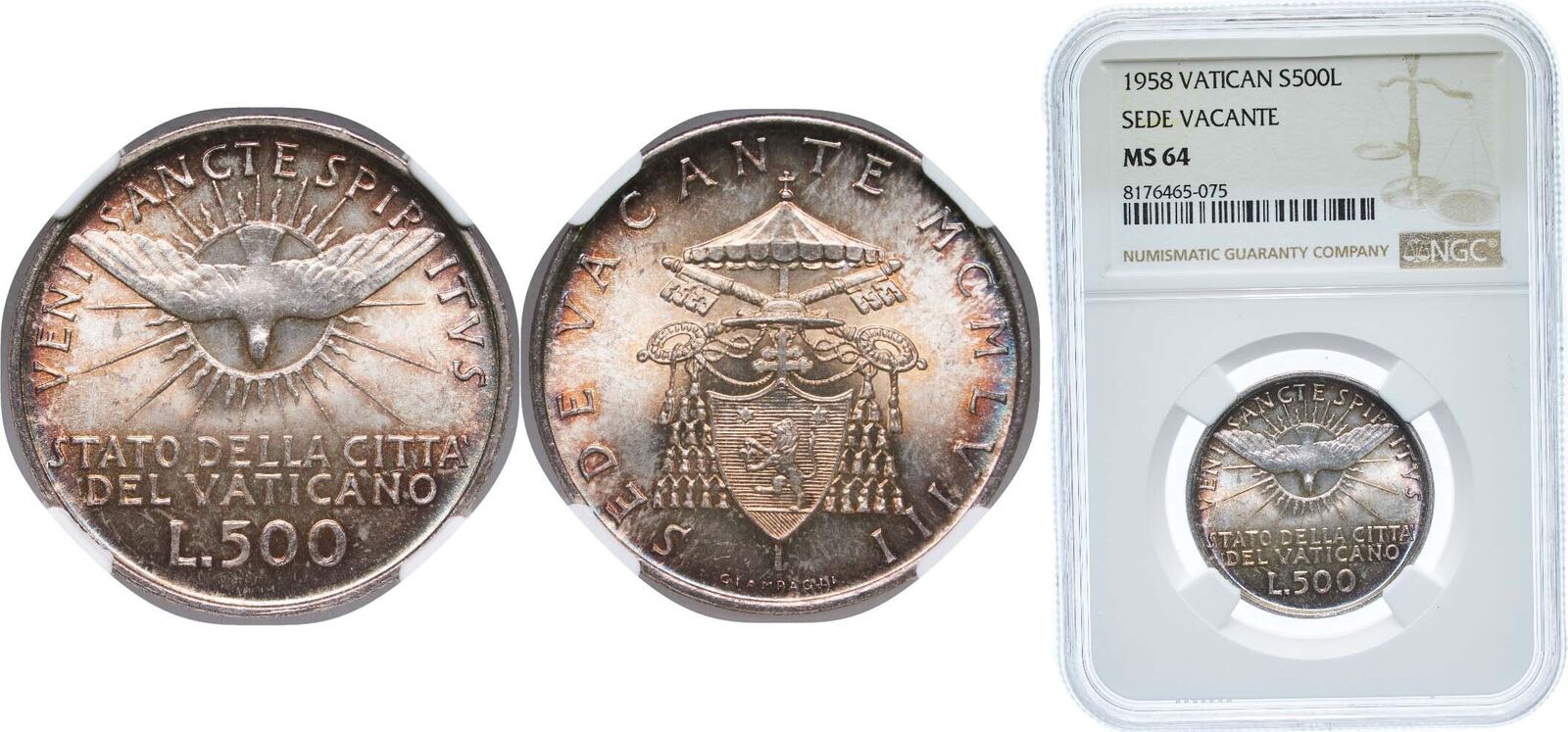 1958 Rome Mint Vatican City City State 1958 500 Lire - Sede Vacante Silver (.835) Rome Mint ...