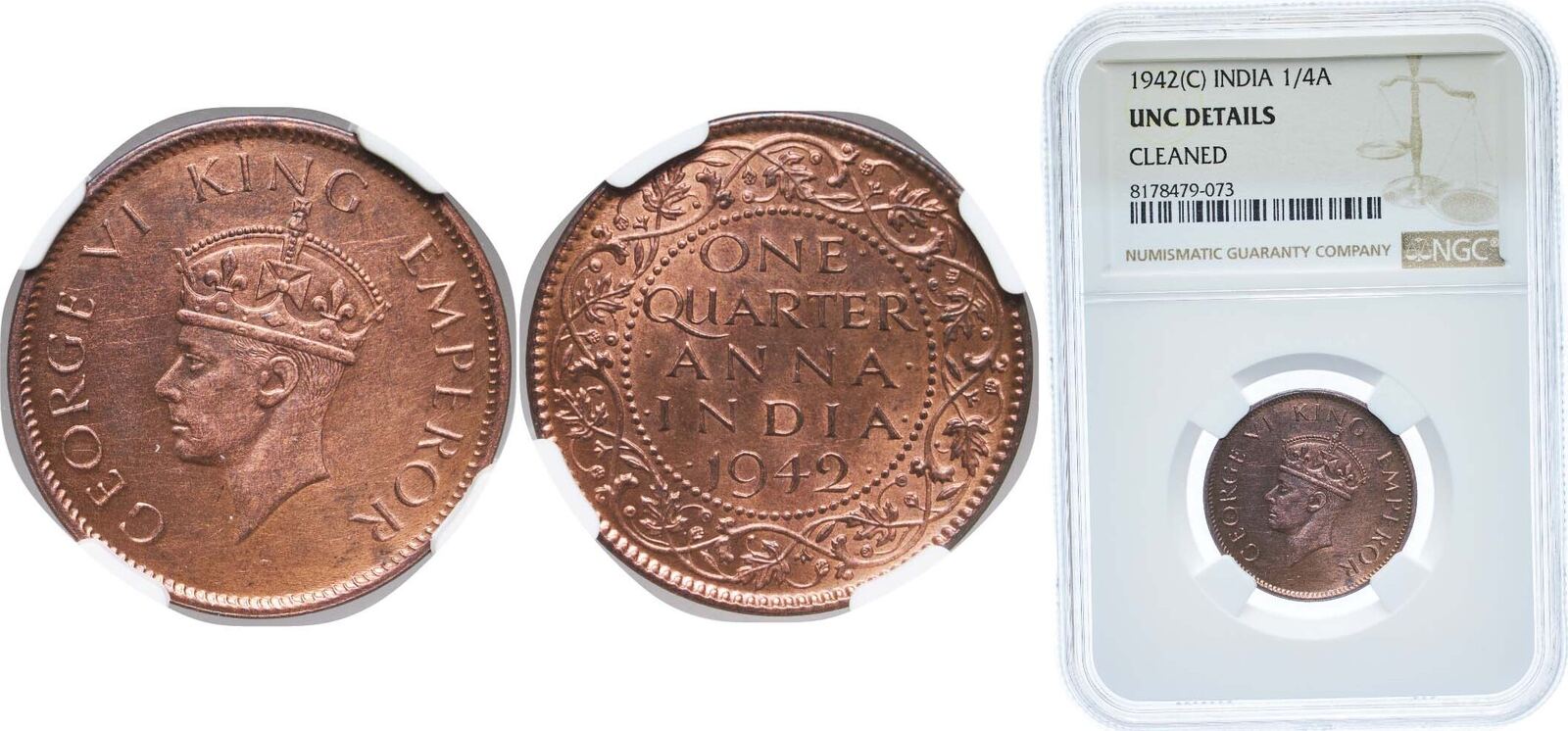 1942 Mumbai / Bombay Mint India India - British colony 1942 ¼ Anna ...