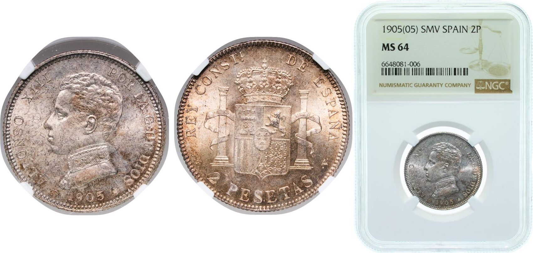 1905 *19-05 SMV Madrid Mint Spain Kingdom 1905 *19-05 SMV 2 Pesetas ...