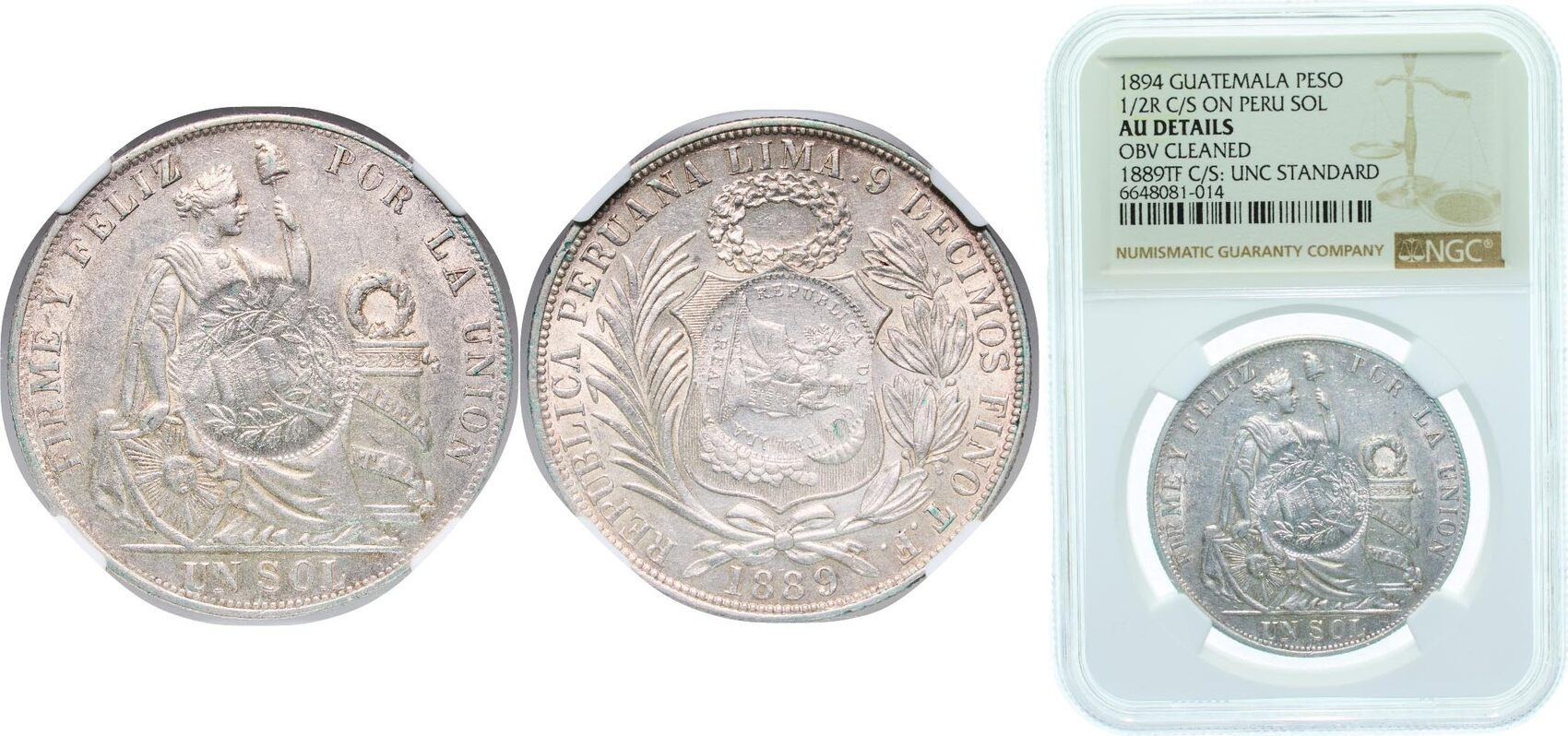 1894 Lima Mint Guatemala 1894 1 Peso (counterstamped with 1/2 real dies ...