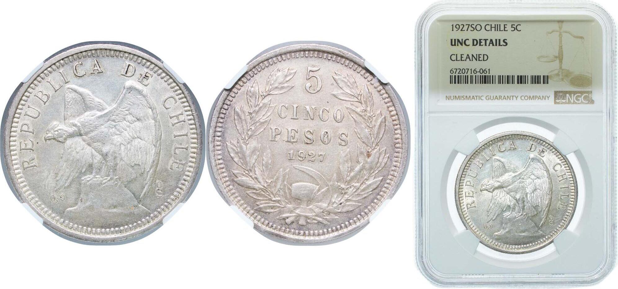 1927 So Casa de Moneda de Chile Republic 1927 So 5 Pesos Silver (.900 ...