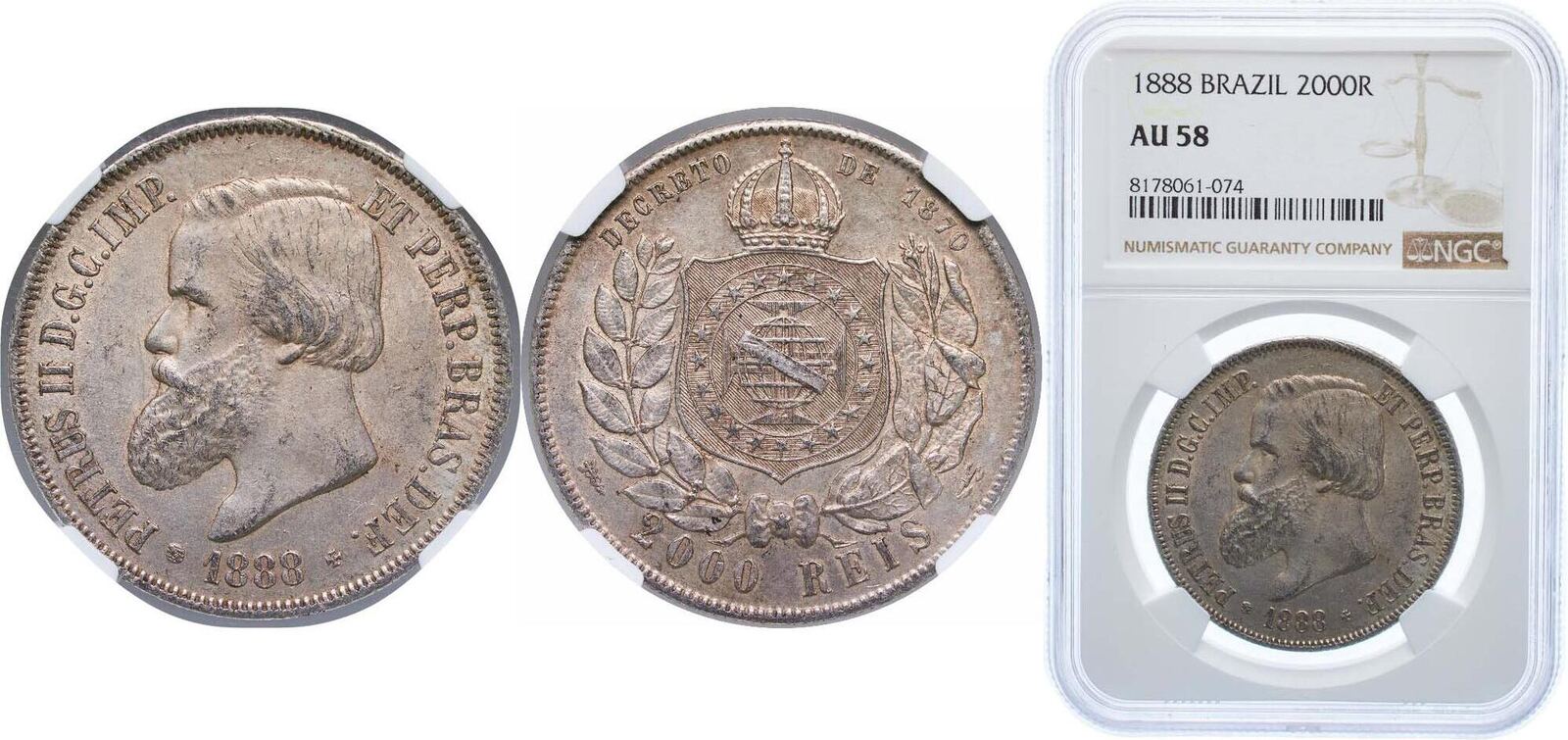 Brazil 1888 2000 Réis - Pedro II Silver (.9166) (746788) 25.5g NGC AU ...