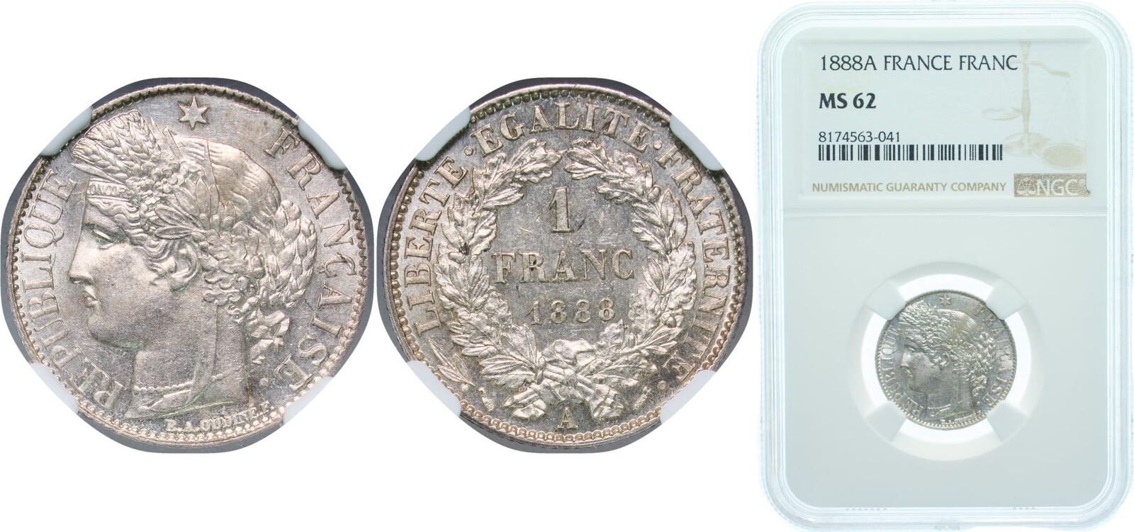 France 1888 A 1 Franc Silver (.835) (3244069) 5g NGC MS 62 Franc 2014 216 Gad 1789 465 KM 822 ...