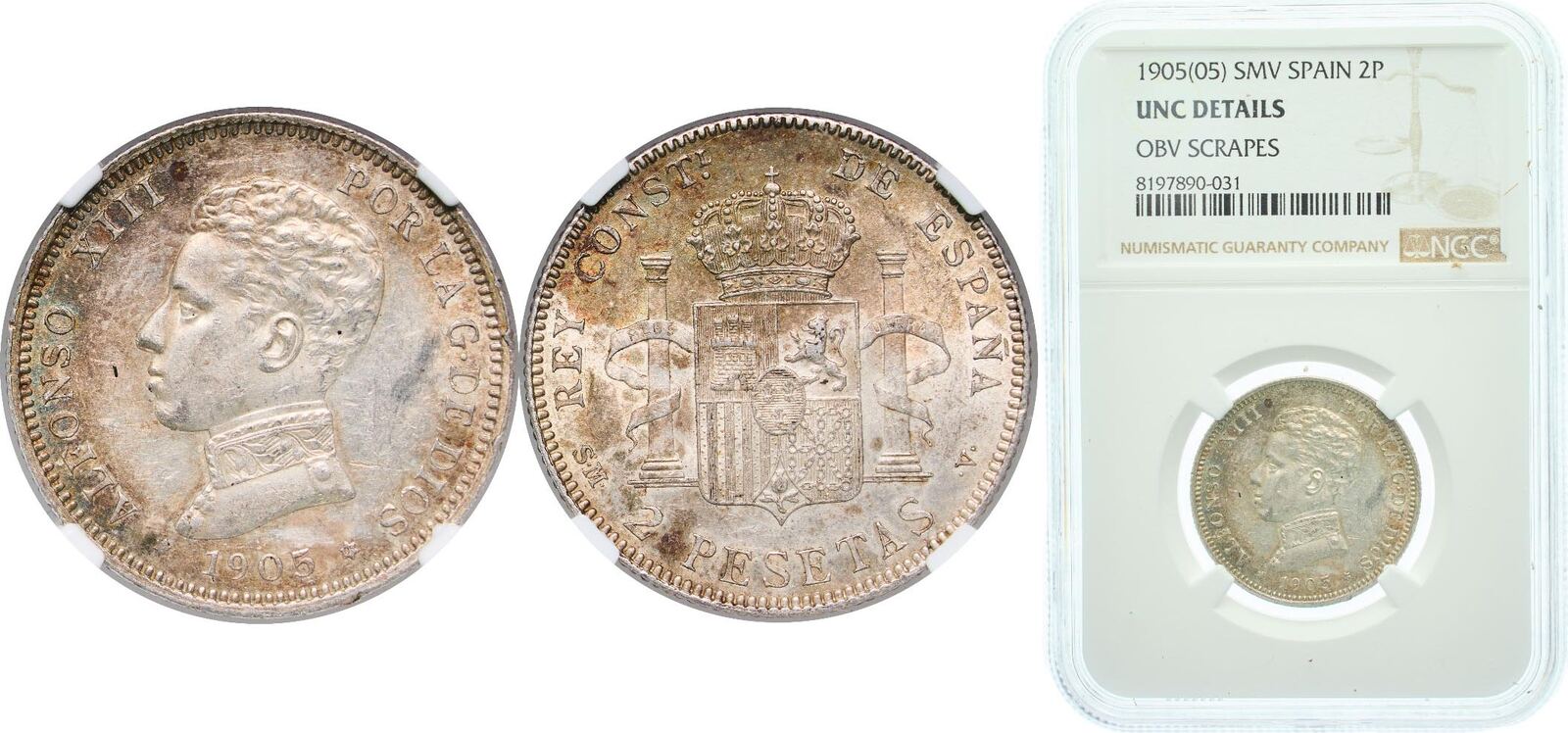 1905 *1905 SMV Madrid Mint Spain Kingdom 1905 *1905 SMV 2 Pesetas ...