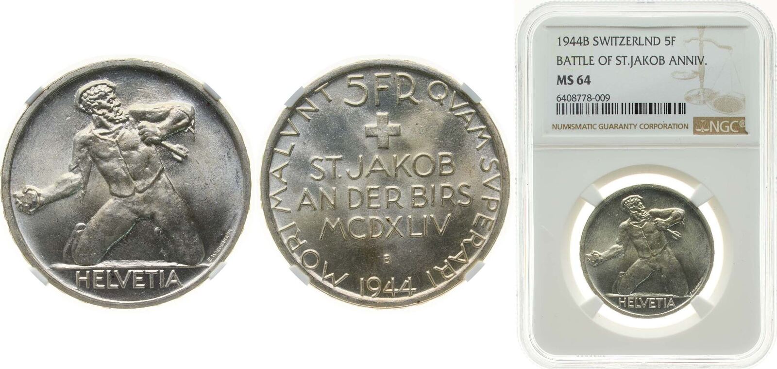 1944 B Bern Mint Switzerland Federal State 1944 B 5 Francs (Battle of ...