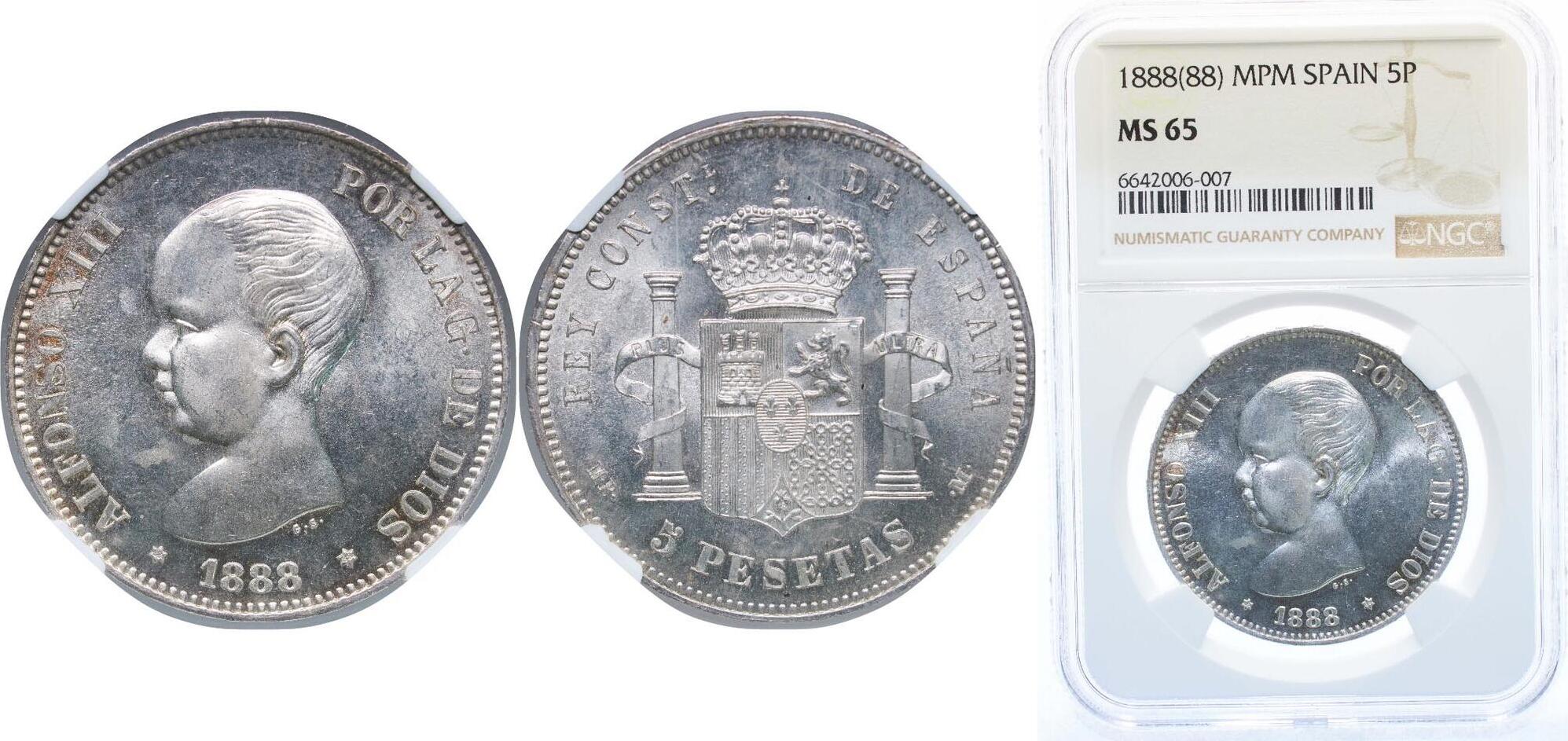 1888 MPM Madrid Mint Spain Kingdom 1888 MPM 5 Pesetas - Alfonso XIII ...