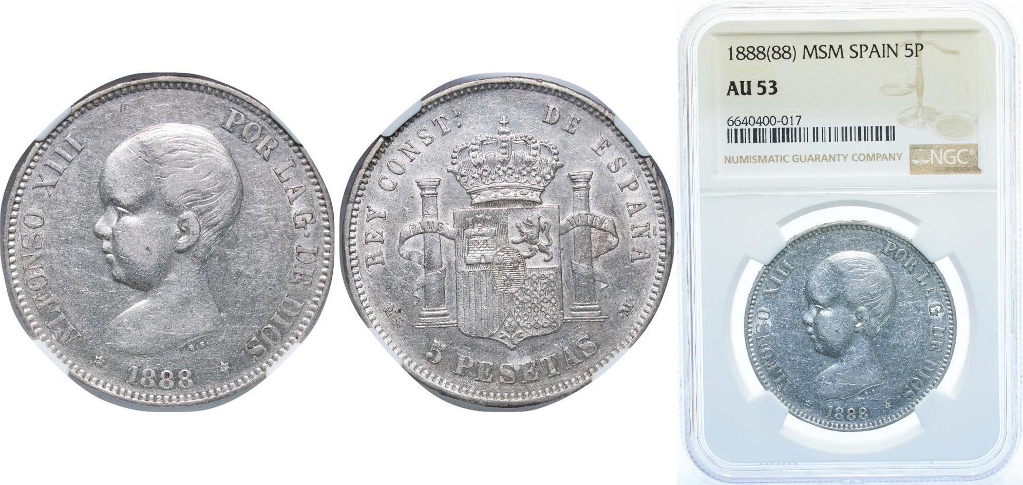 1888 *18-88 MSM Madrid Mint Spain Kingdom 1888 *18-88 MSM 5 Pesetas ...