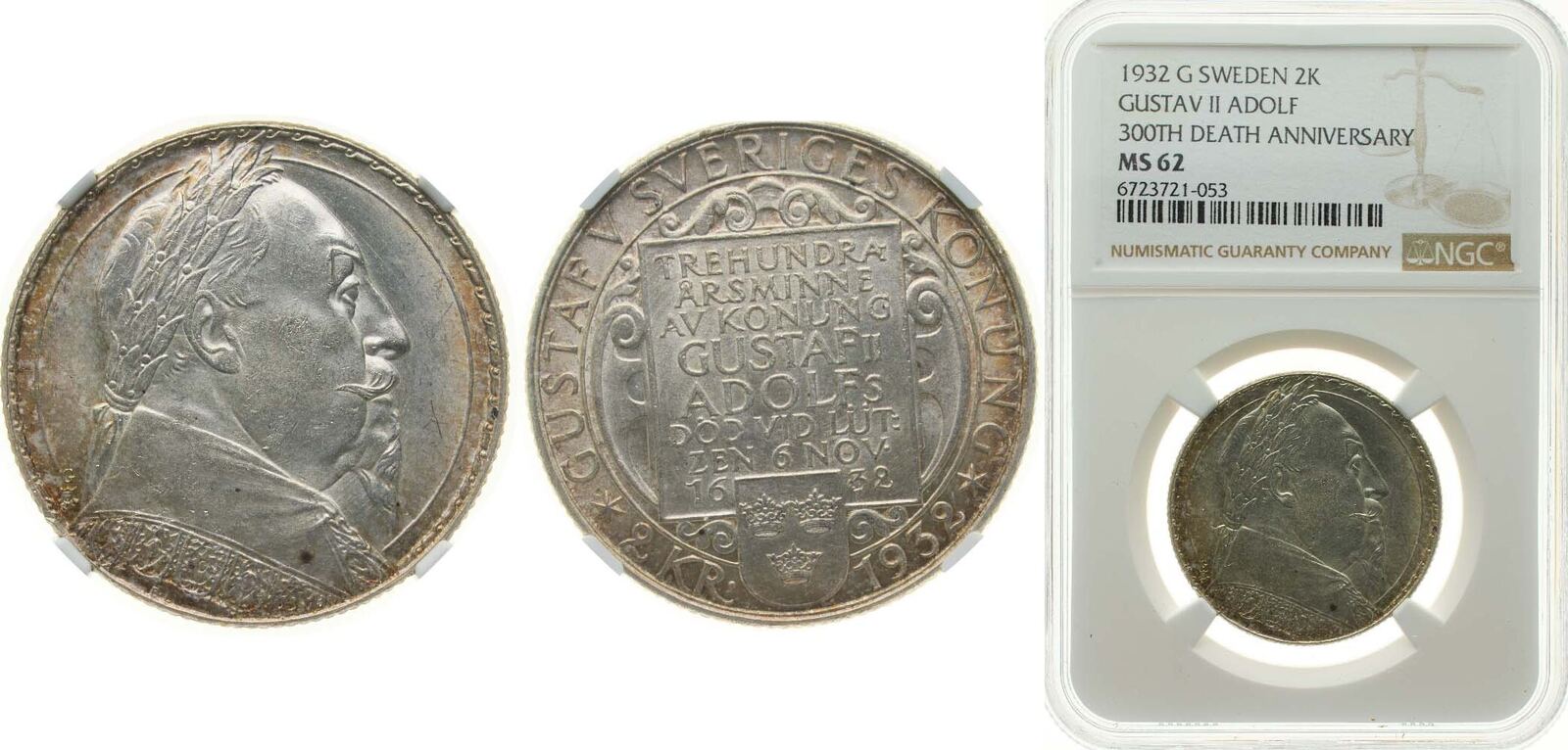 Sweden Kingdom 1932 G 2 Kronor - Gustaf V (Death of Gustaf II Adolf ...