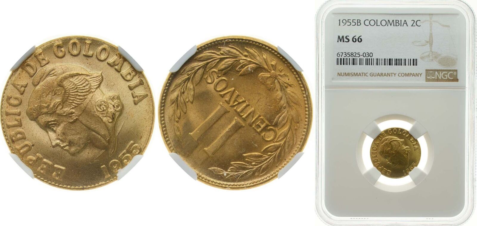 1955 B Bogota Mint Colombia Republic 1955 B 2 Centavos (Continuous ...