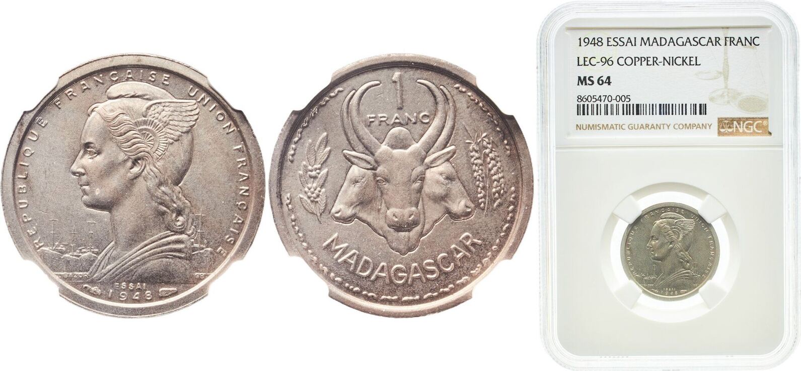 1948 Paris Mint Madagascar 1948 1 Franc (Essai) Bronze-nickel Paris ...
