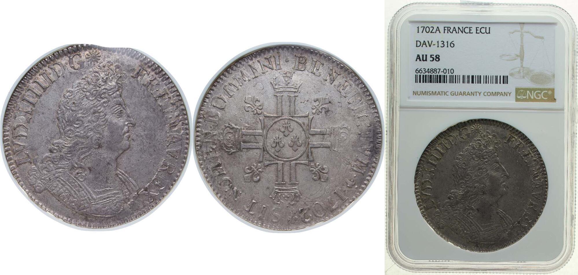 1 Silver Ecu 1702 A Paris Mint France Kingdom 1702 A Ecu with insignia ...