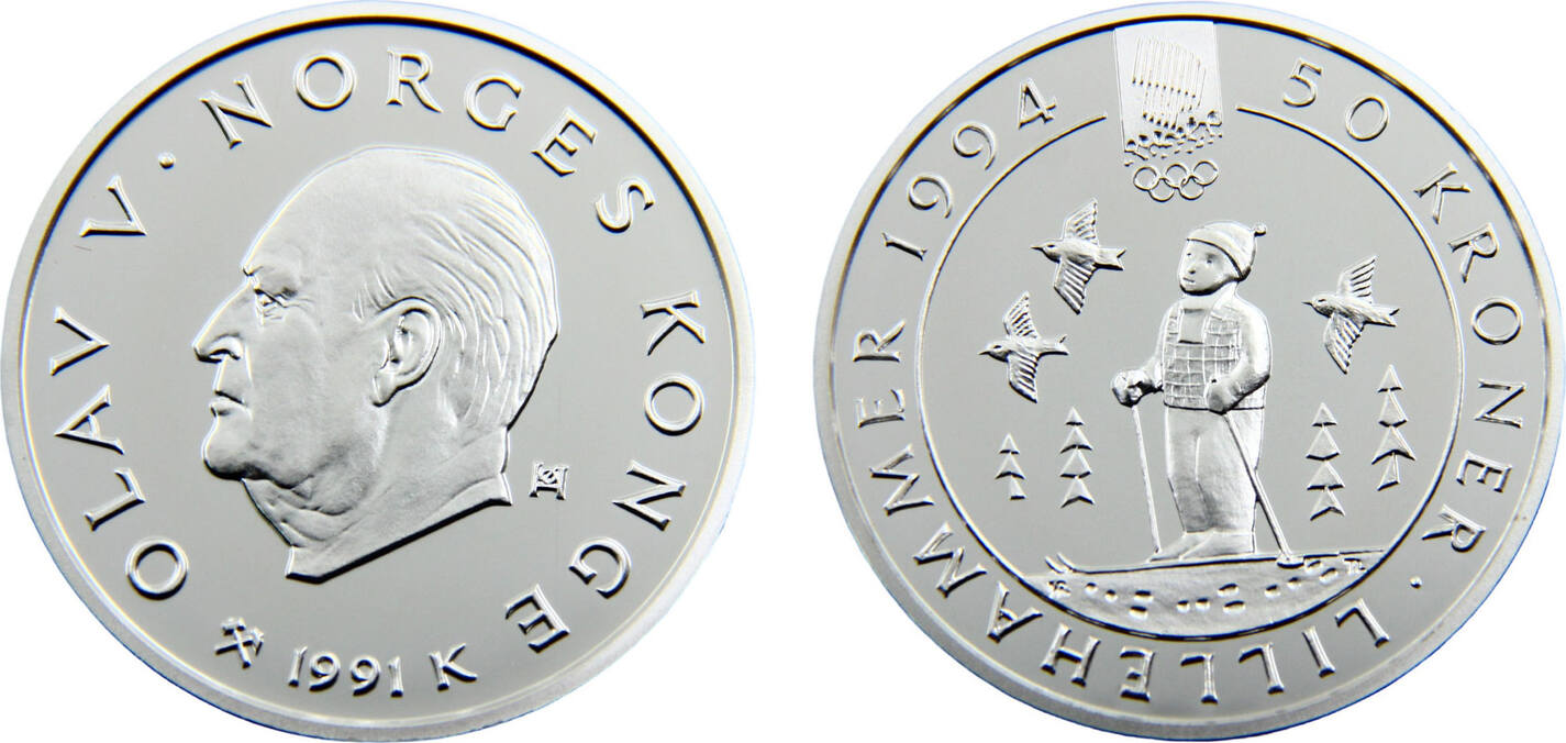 1991 (Mintage 68886) Norway Olav V 1991 50 Kroner 1994 Olympics in ...