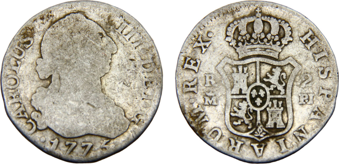 1775 M PJ Madrid mint Spain Kingdom Carlos III 1775 M PJ 2 Reales VF ...