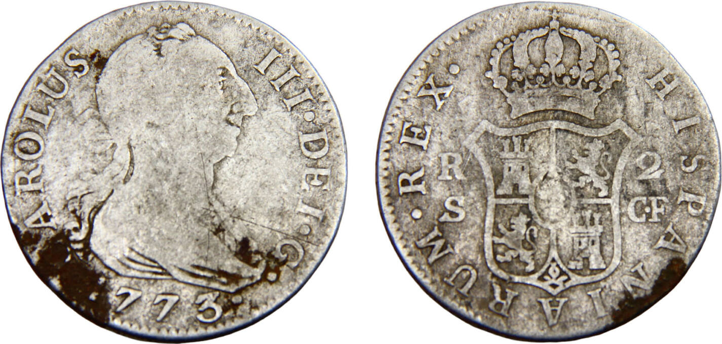 1773 S CF Sevilla mint Spain Kingdom Carlos III 1773 S CF 2 Reales VF ...