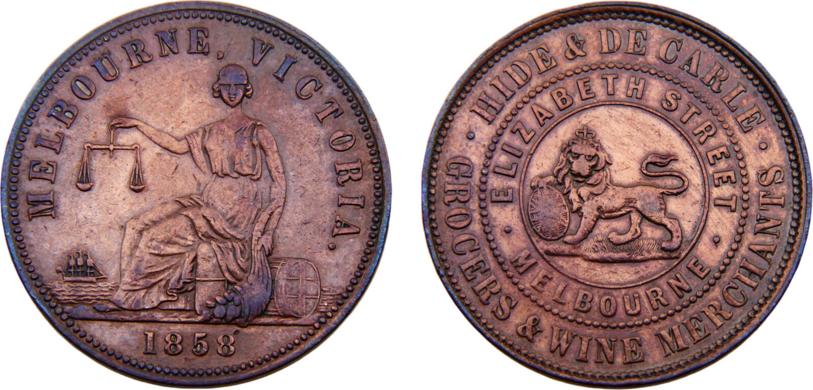 Australia British colony Melbourne Victoria 1858 1 Penny Trade Token ...