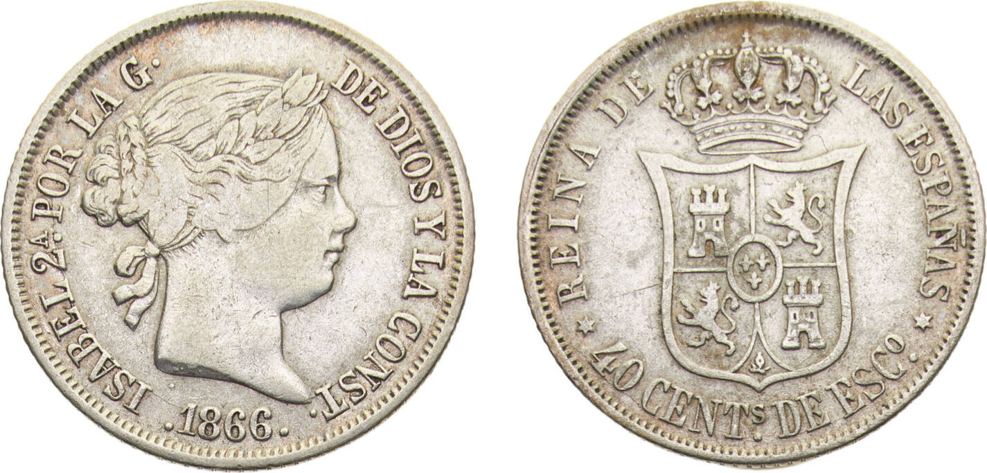 1866 Madras mint Spain Kingdom Isabel II 1866 40 Centimos de Escudo 5 ...
