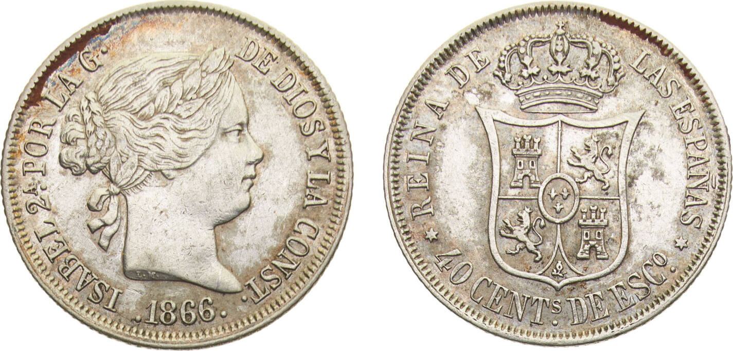 1866 Madras mint Spain Kingdom Isabel II 1866 40 Centimos de Escudo 5 ...