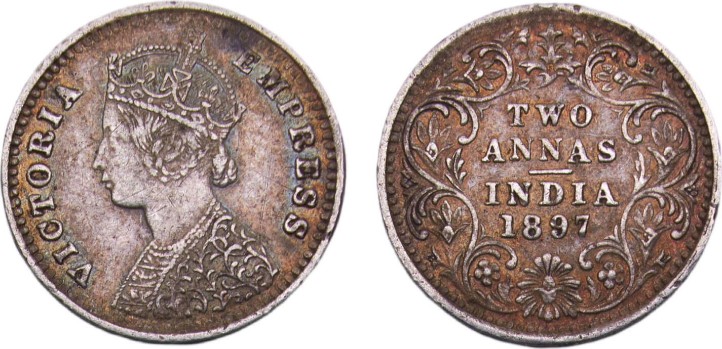 1897 B incuse Bombay mint India British colony Victoria 1897 B incuse 2 Annas 1.4g XF | MA-Shops