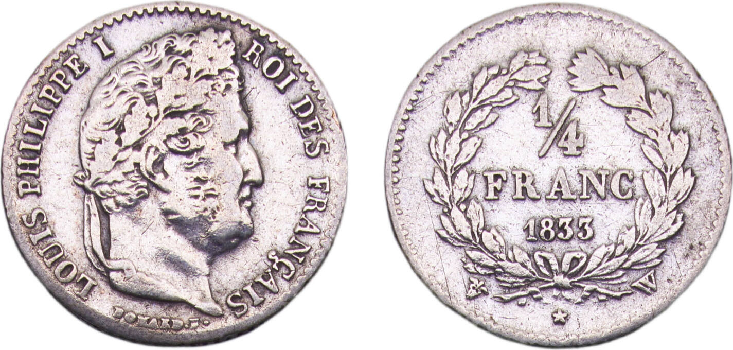 1833 W Lille mint France Kingdom Louis-Philippe I 1833 W 1/4 Franc 1.2g ...