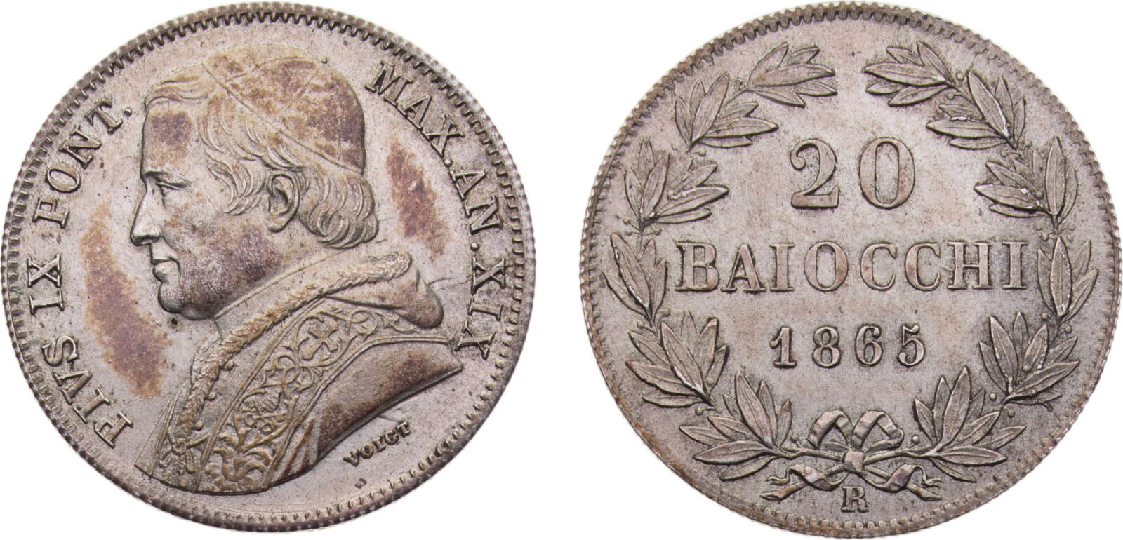 1865//XIX R Rome mint Italy States Papal States Pius IX 1865//XIX R 20 ...