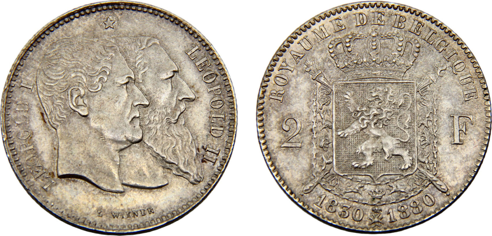 1880 Brussels mint Belgium Kingdom Leopold II 1880 2 Francs 50 Years of ...