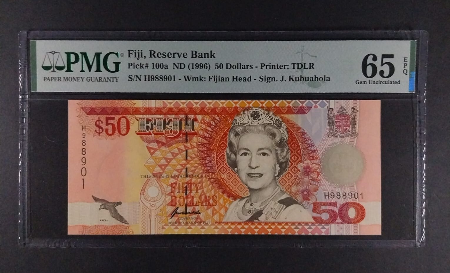 50 DOLLARS 1996 RESERVE BANK. Fijian Head - J. Kubuabola. PMG 65 EPQ ...