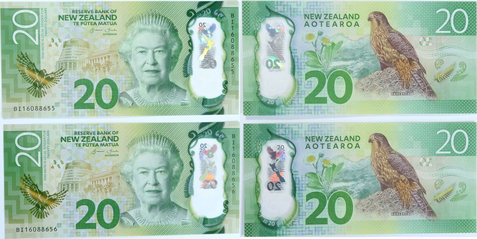 New Zealand 20 Dollars 2016 Aotearoa Kararea Falcon bird banknote UNC ...