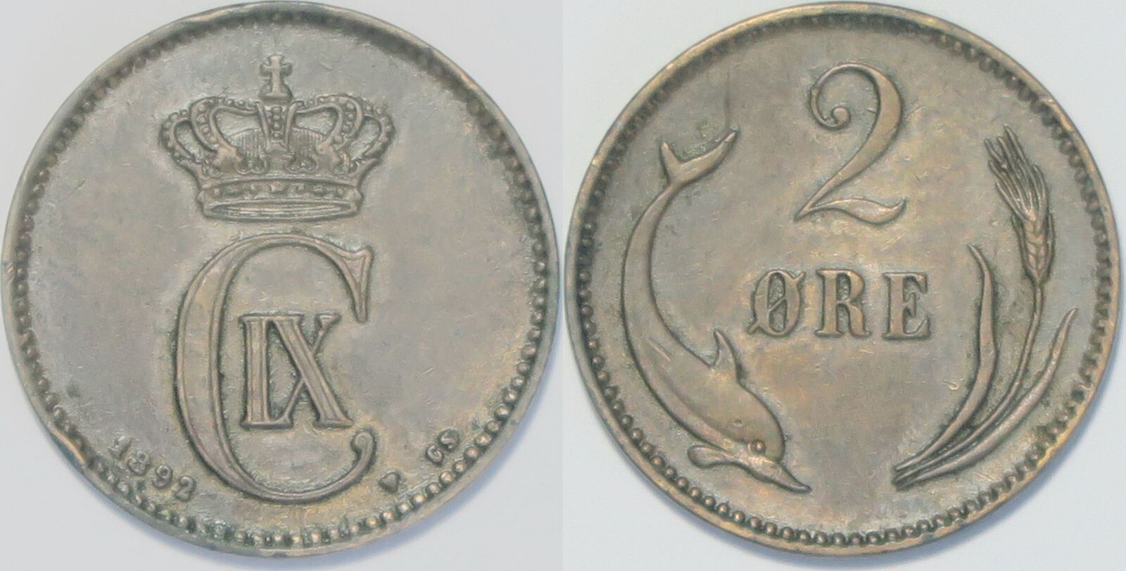 Denmark 2 Ore 1892 Christian IX, scarce date coin EF-40 | MA-Shops