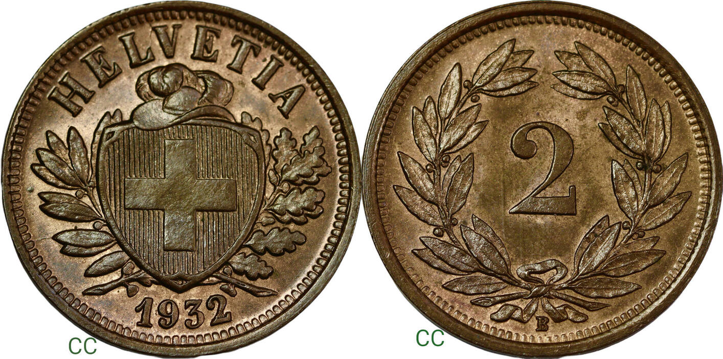 Switzerland 2 Rappen 1932 B Fantastic high grade Choice UNC | MA-Shops