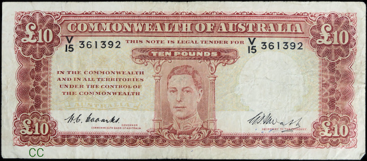 Australia 10 Pounds 1949 First Prefix V15 Fine | MA-Shops