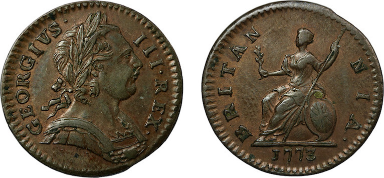 Great Britain Farthing 1773 George III, Scarce Die - Obverse 1, Reverse B. EF. gEF-EF | MA-Shops