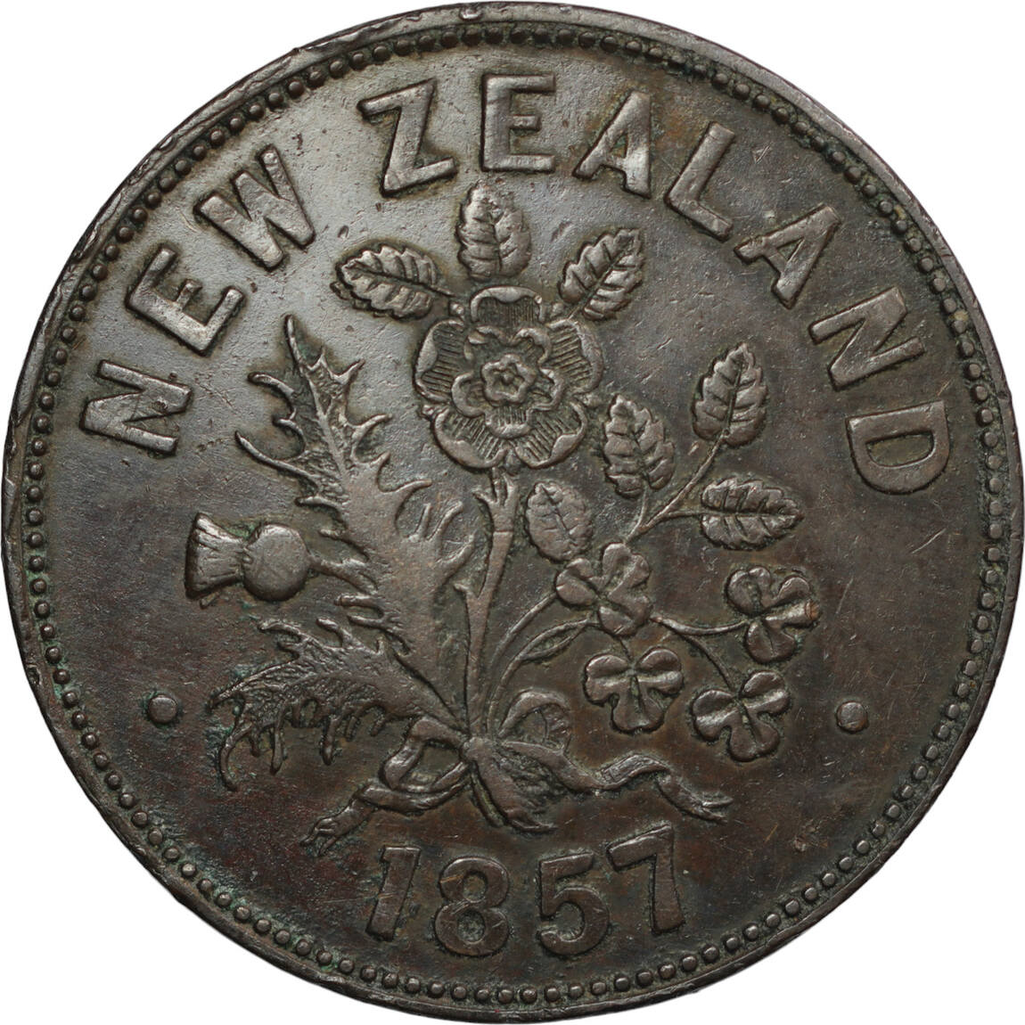 New Zealand Token penny 1857 M. Somerville Fine-gFine | MA-Shops