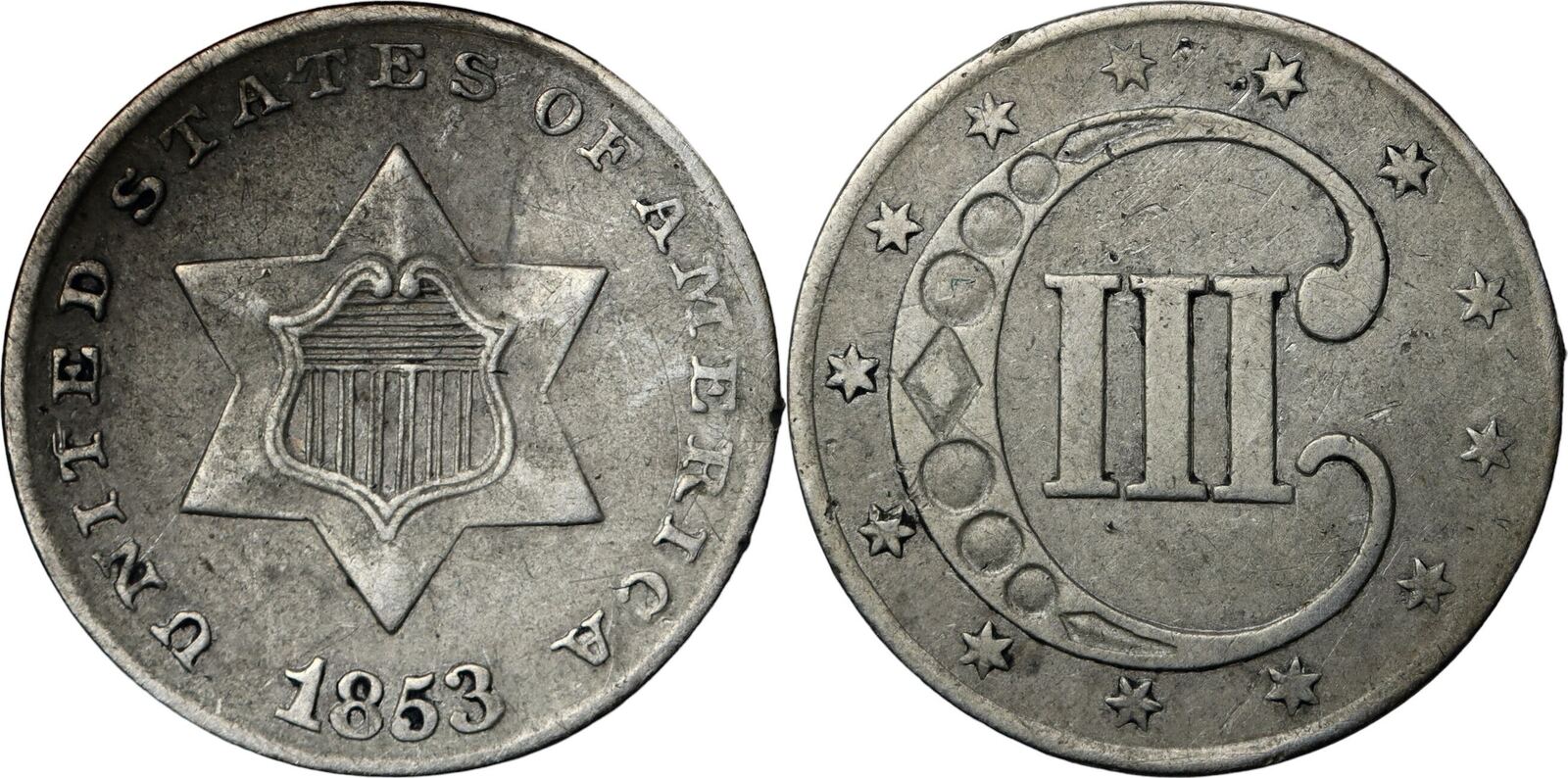 United States 3 Cents 1853 Variety 1 (1851-1853). US EF-40-VF30 | MA-Shops